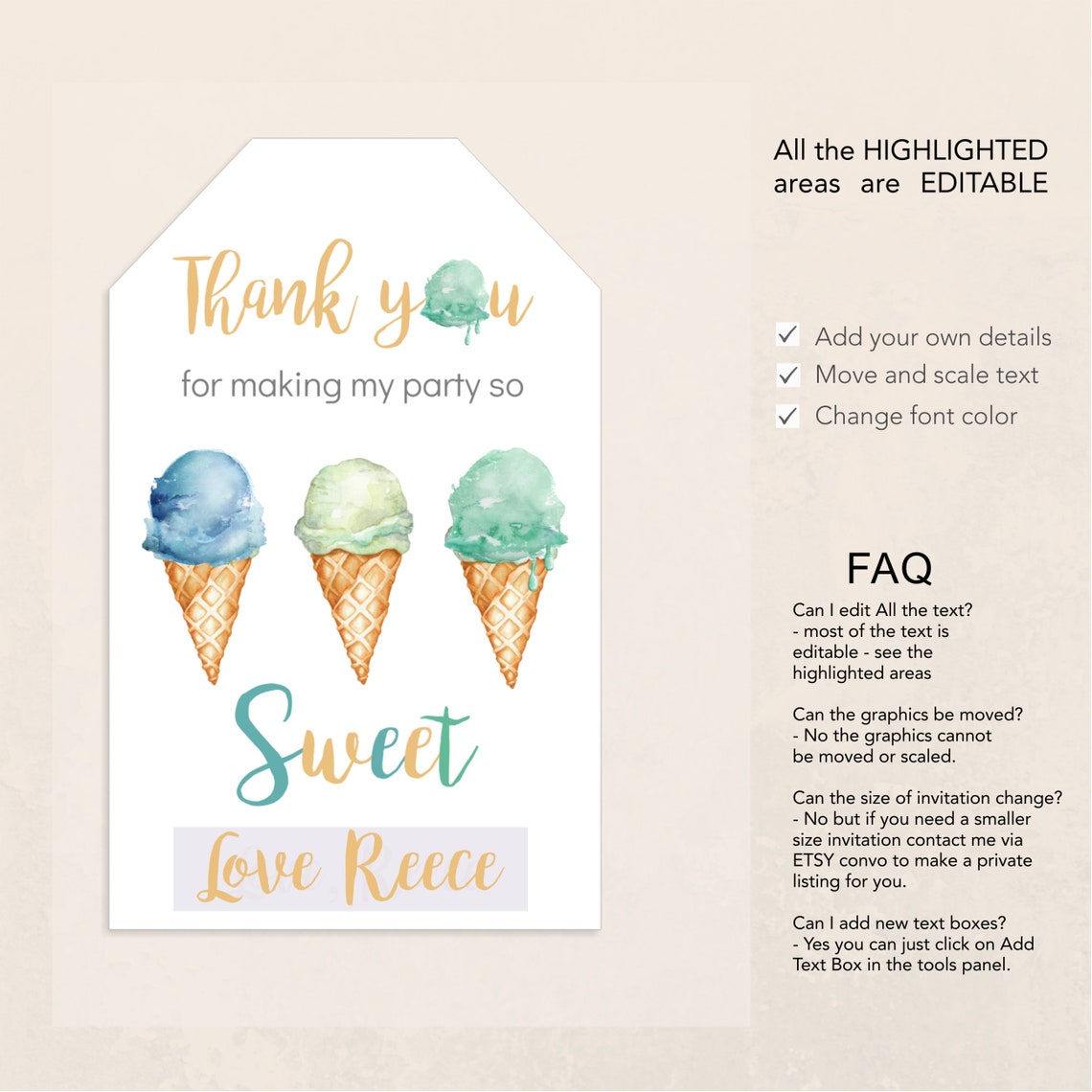 Ice Cream Thank You Card Ice Cream Birthday Editable Thank - Etsy