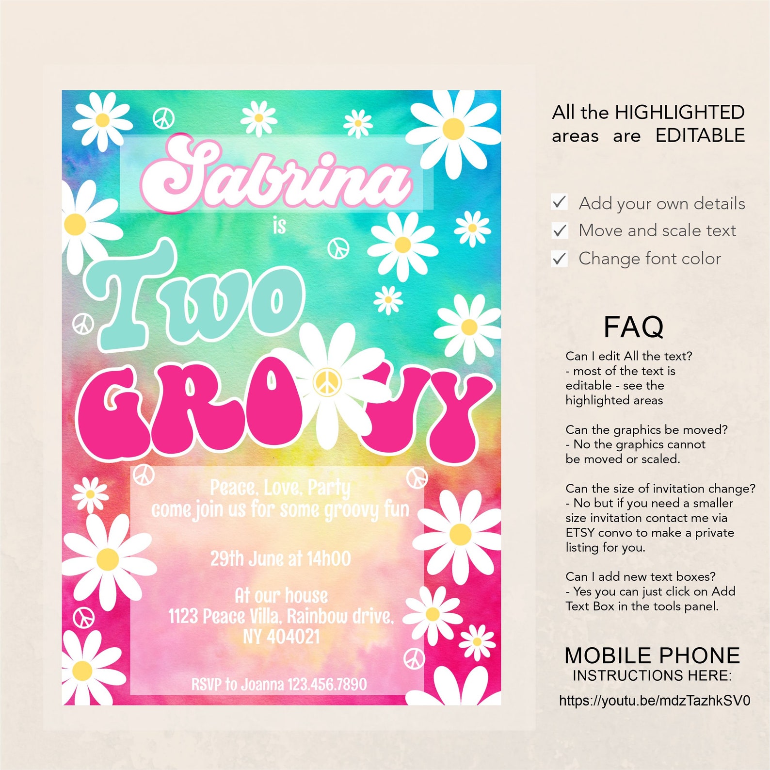 Two Groovy Birthday Invitation Tie Dye Hippie Birthday Party - Etsy