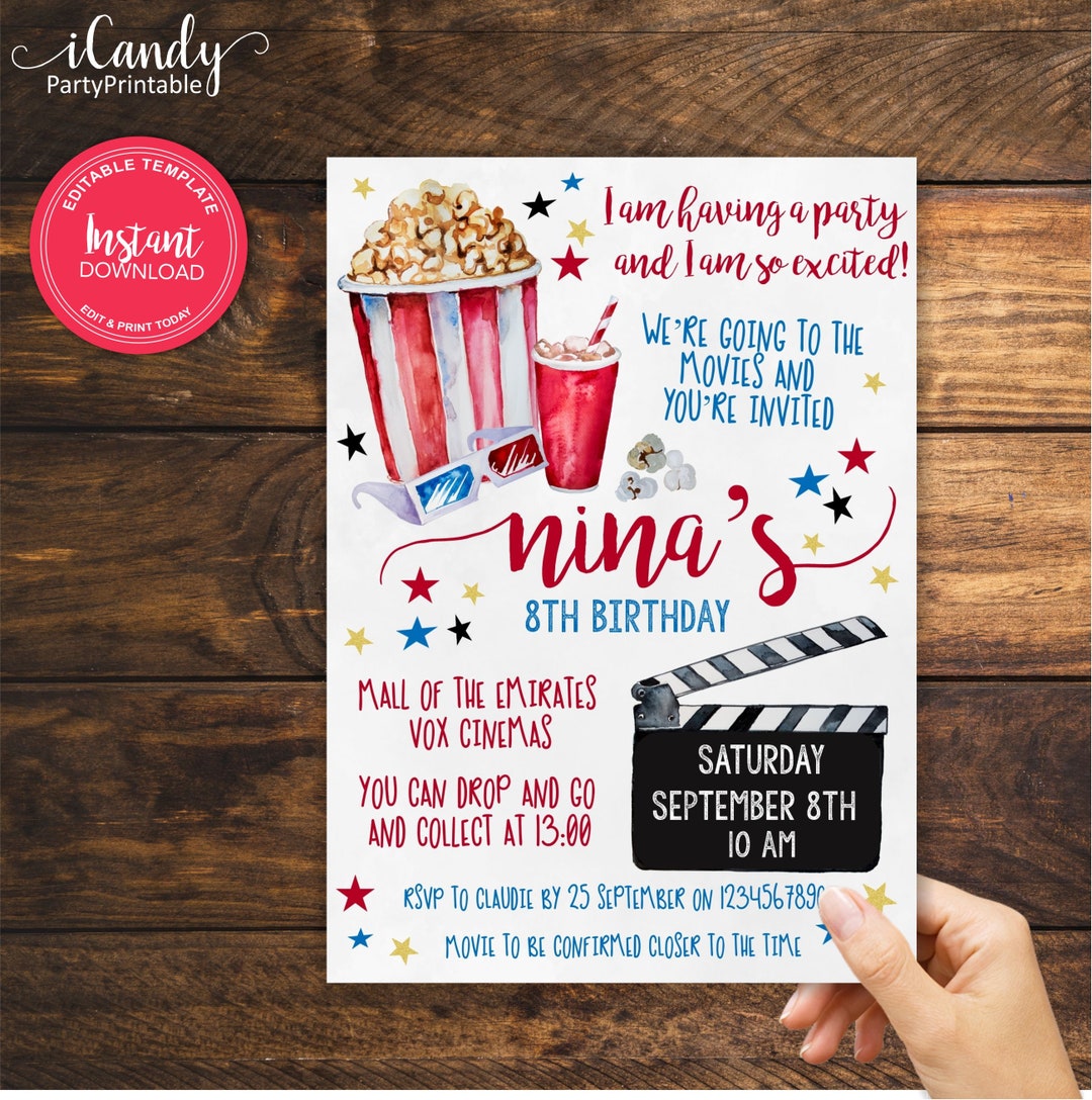 Movie Night Birthday Invitation, Cinema Invitation, Editable and ...