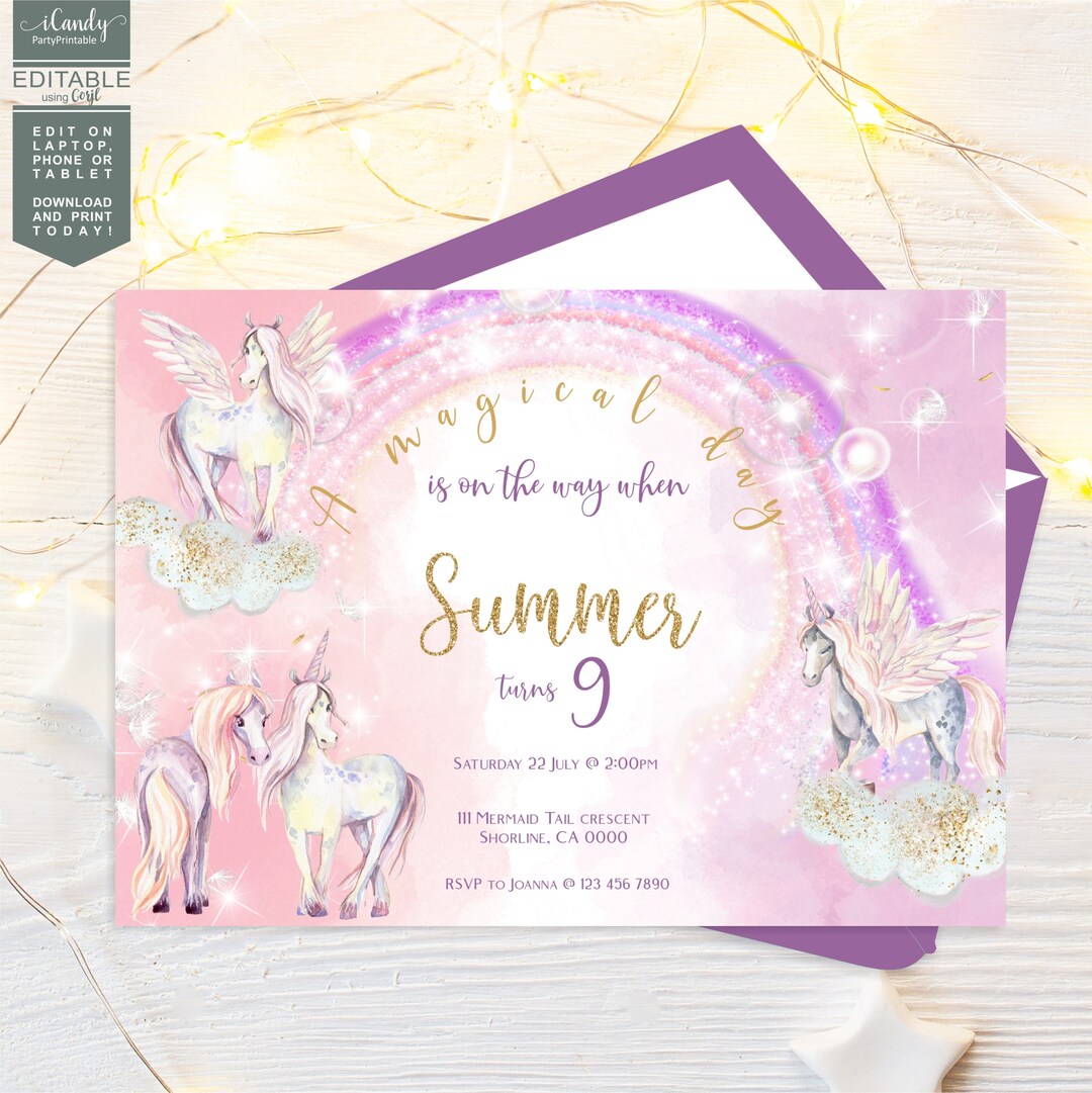Rainbow Unicorn Invitation, Unicorn Invitation, Unicorn Party, Editable ...