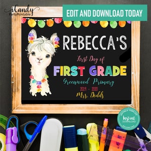 First Day of First Grade Sign for a Girl, Back to School Sign, Llama ...