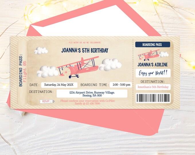 Airplane Ticket Birthday Invitation, Airplane Party, Plane Invitation ...