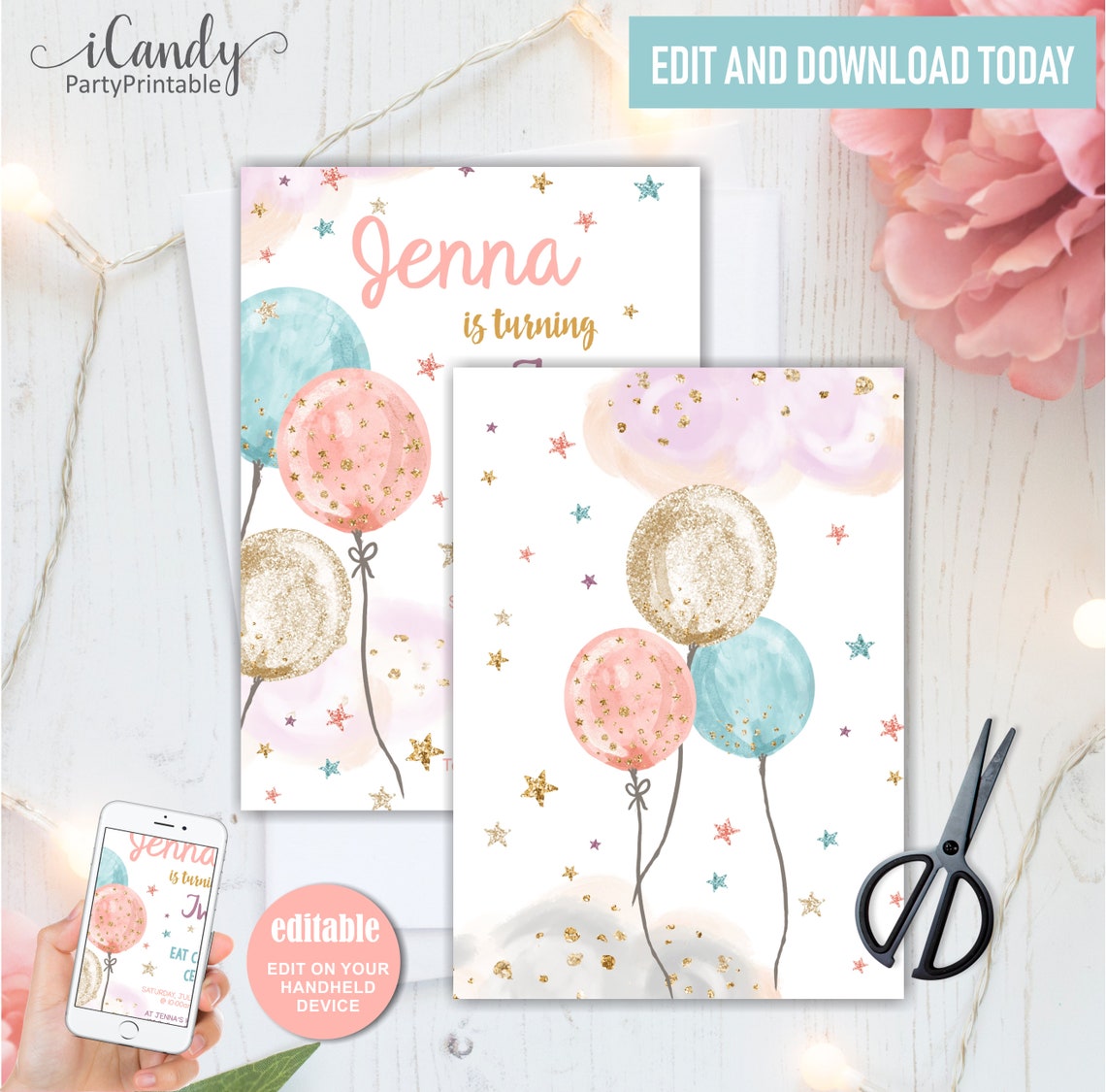 Balloon Birthday Invitation Pastel Balloon Invitation Girl - Etsy