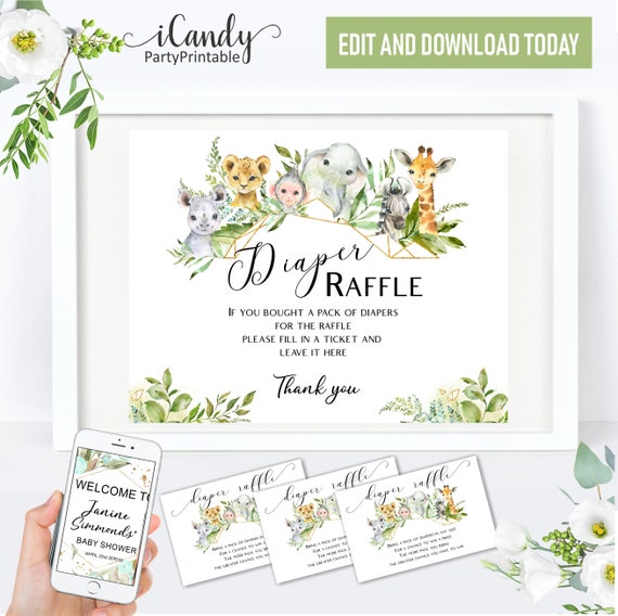 Baby Shower Games Printable, Diaper Raffle Ticket, Safari Baby Shower ...