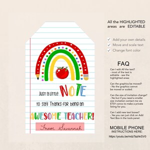 Editable Teacher Appreciation Gift Tags for the End of Year, Rainbow ...