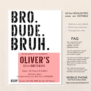 EDITABLE Bro Birthday Invitation, Bruh Party Invitation, Dude Birthday ...