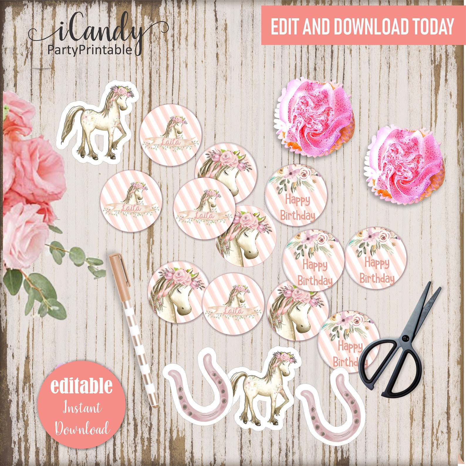 Cupcake Toppers Horse Party Tags 2 Circle Toppers - Etsy