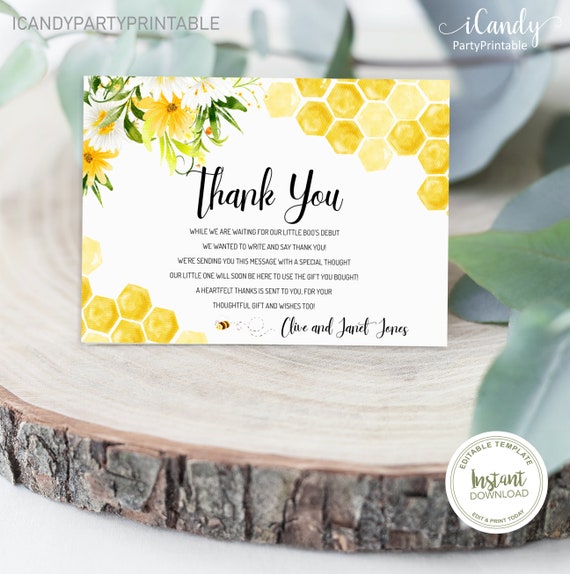 Editable Bee Baby Shower Thank You Cards, Bumble Bee Thank You Card ...