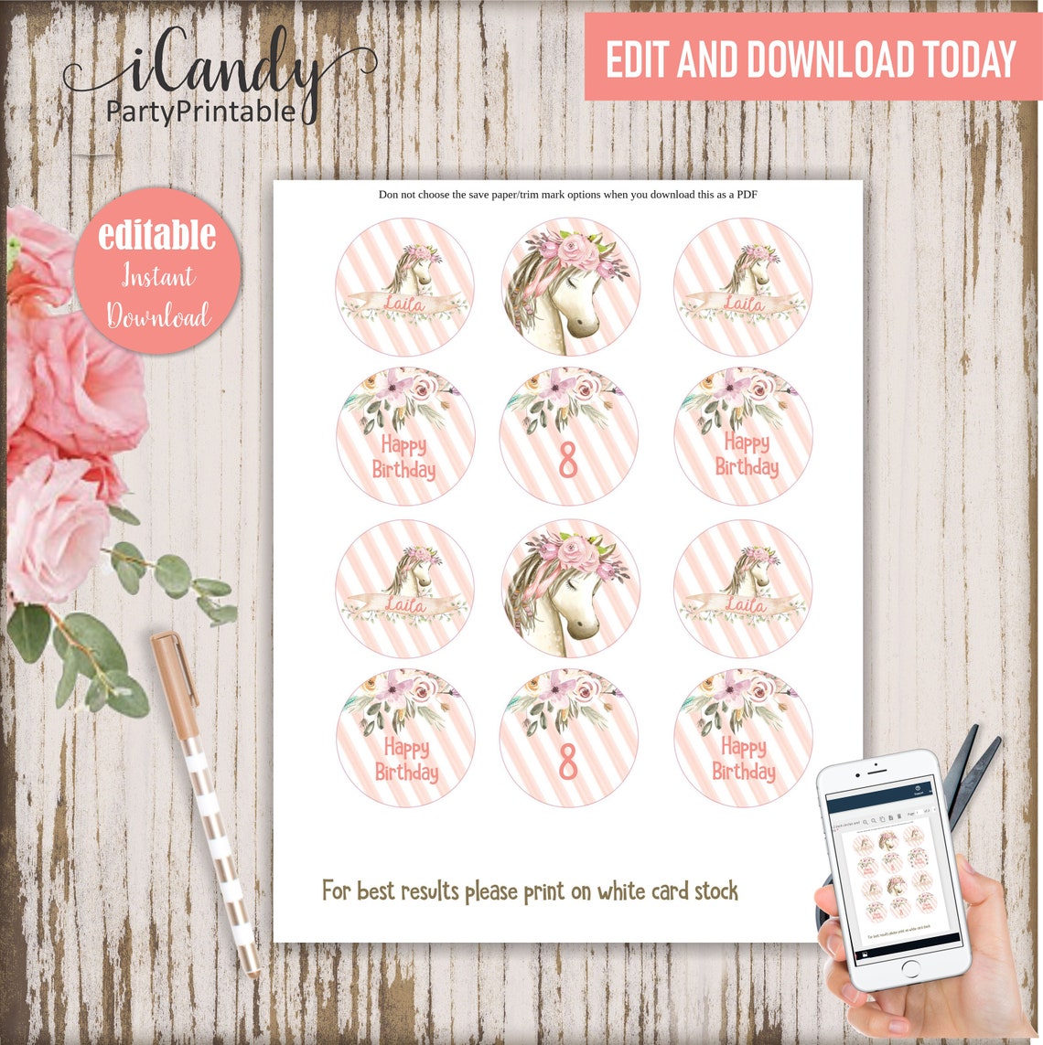 Cupcake Toppers Horse Party Tags 2 Circle Toppers - Etsy