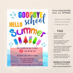 Goodbye School Hello Summer Pool Party Invitation, End of School Party ...