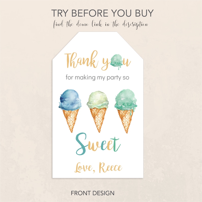 Ice Cream Thank You Card Ice Cream Birthday Editable Thank - Etsy