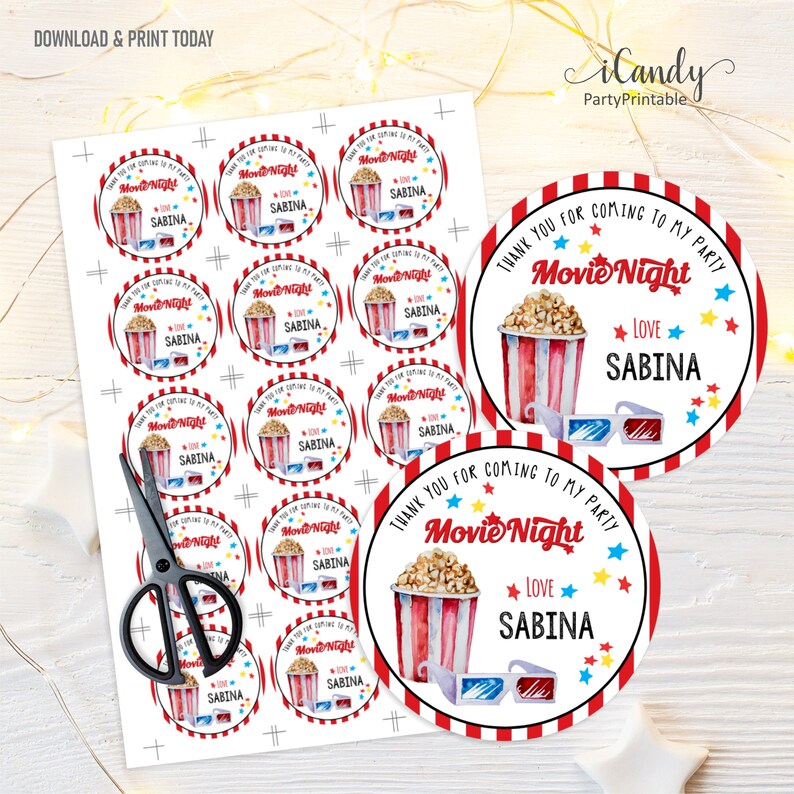 Movie Night Favor Tags Editable Movie Night Tags Cinema - Etsy