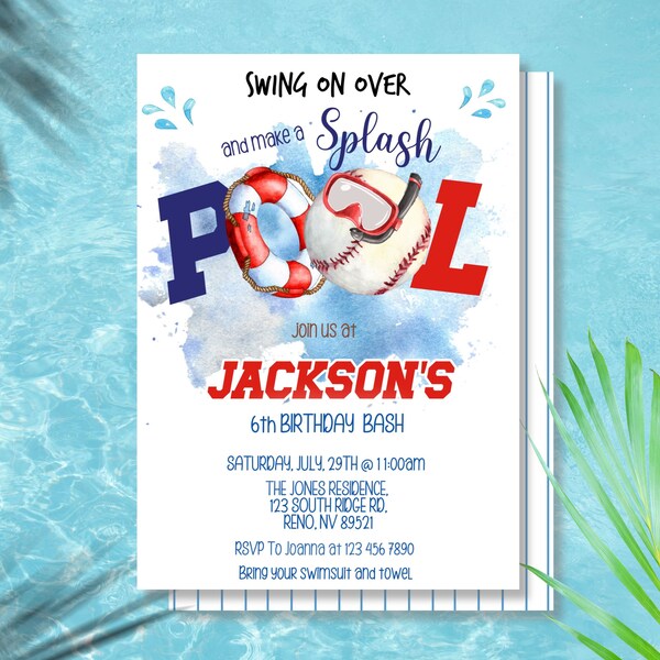 Baseball Pool Birthday Party Invitation - Etsy