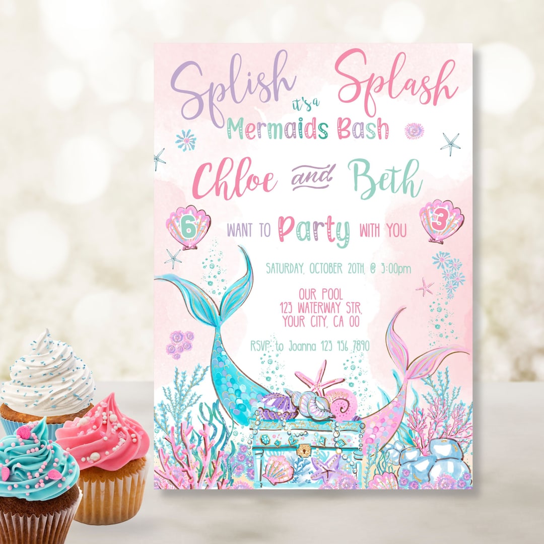 Editable Mermaid Birthday Invitation, Splish Splash It's a Mermaids Bash for Siblings, Under the ...