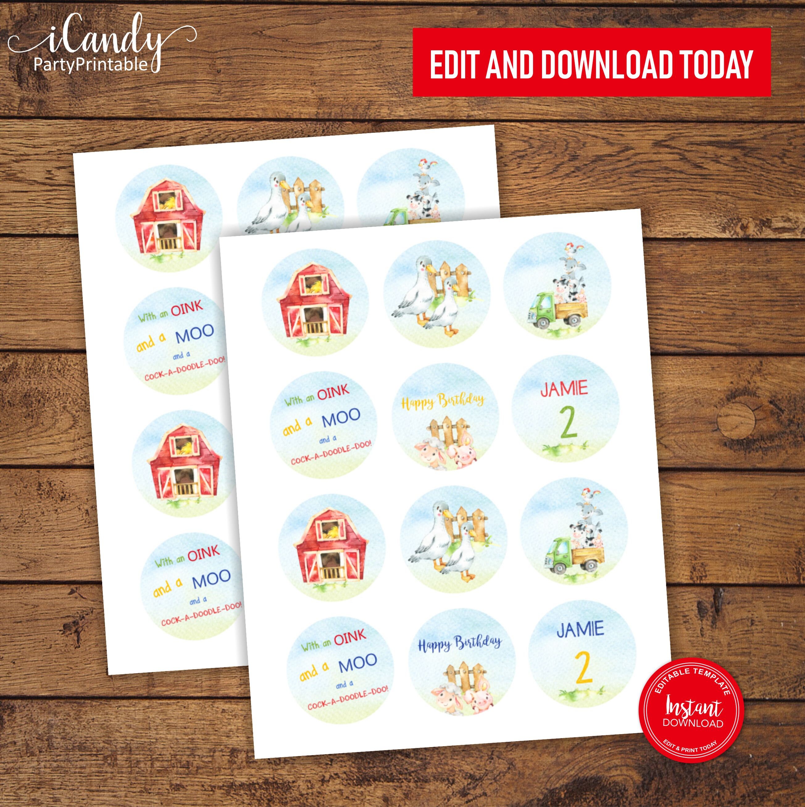 Cupcake Toppers Farm Party Printable DIY Editable Cupcake - Etsy