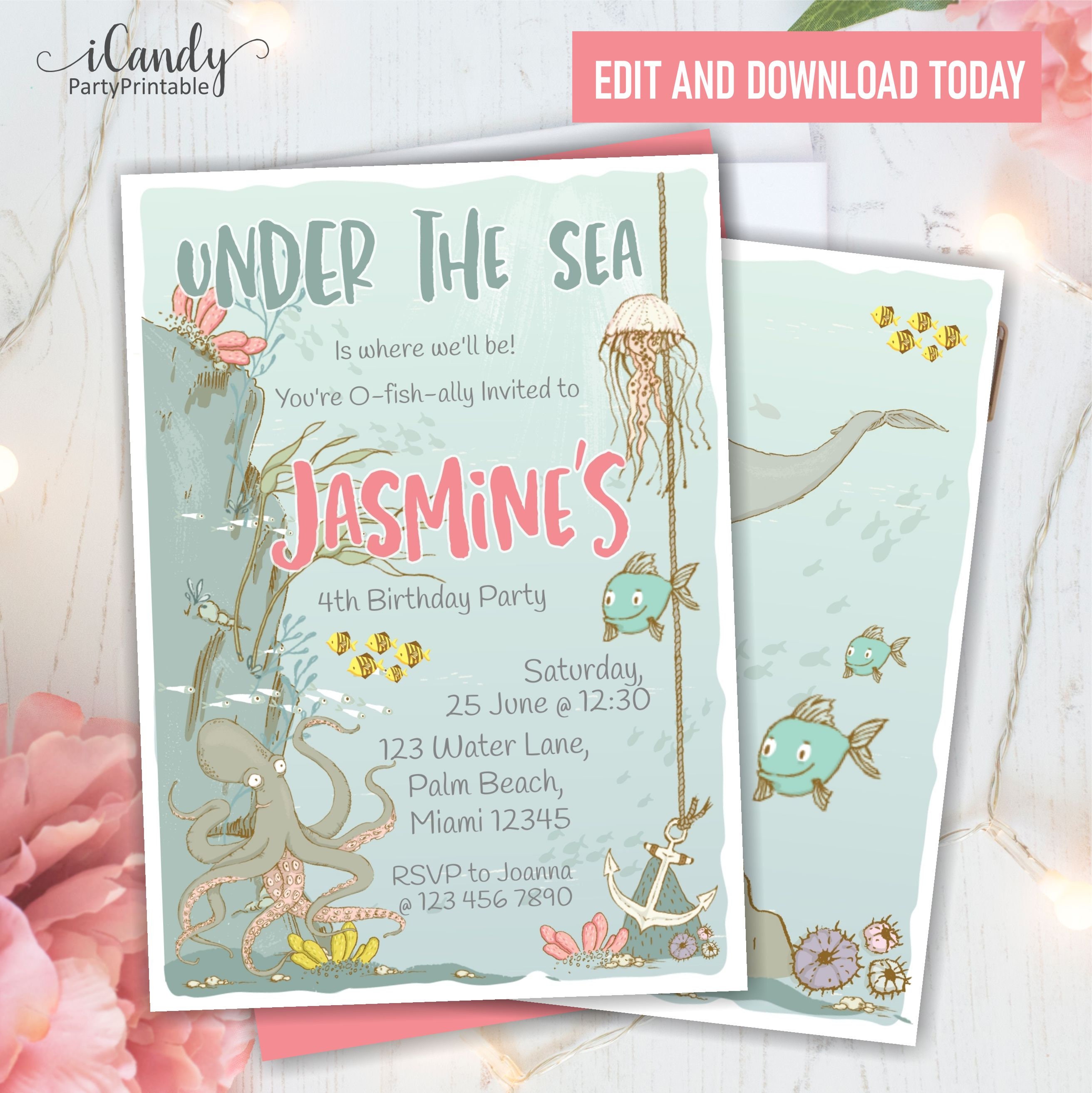 Sea Animals Birthday Invitations for Girls Under the Sea | Etsy
