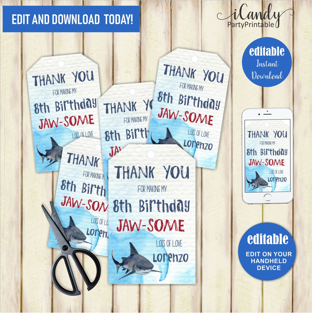 Shark Thank You Tag Shark Party Favor Tags Thank You Tags - Etsy