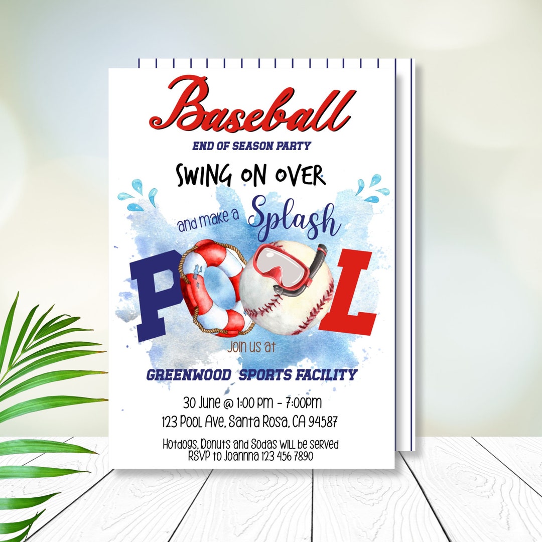 Baseball End of Season Pool Party Invitation, Baseball Invitation, Pool ...