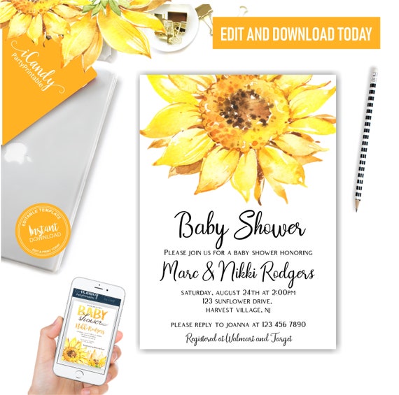 Sunflower Baby Shower Invitation, Floral Baby Shower Invitation ...