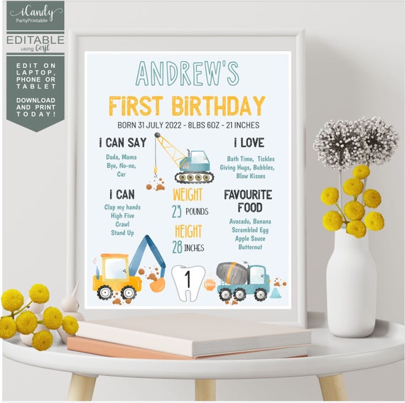 Construction Birthday Milestones Board for a Boy, Construction Themed ...