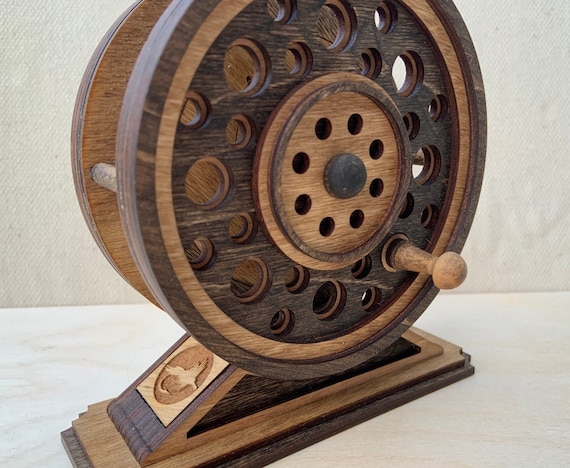 Handmade Wood Fly Fishing Reel and Coaster Set Holder Folk Art - Etsy