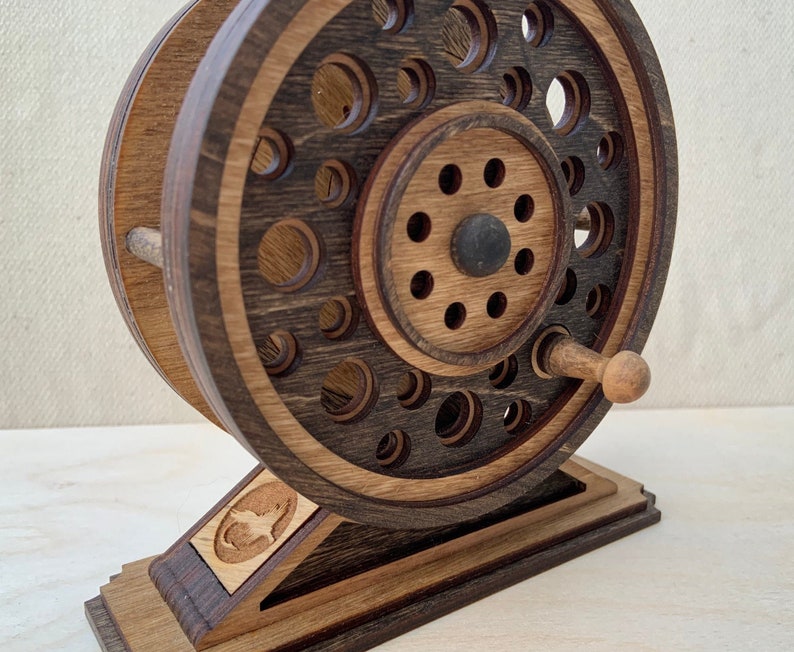 Handmade Wood Fly Fishing Reel and Coaster Set Holder Folk Art - Etsy