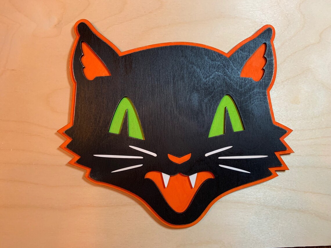 Vintage Inspired layered wood Black Spooky Cat Face Wall Art | Etsy