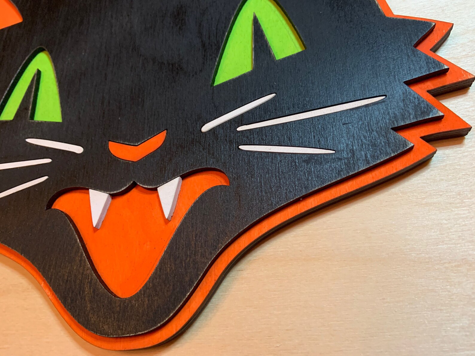 Vintage Inspired layered wood Black Spooky Cat Face Wall Art | Etsy