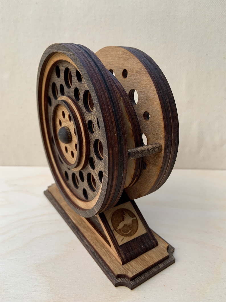 Handmade Wood Fly Fishing Reel and Coaster Set Holder Folk Art - Etsy