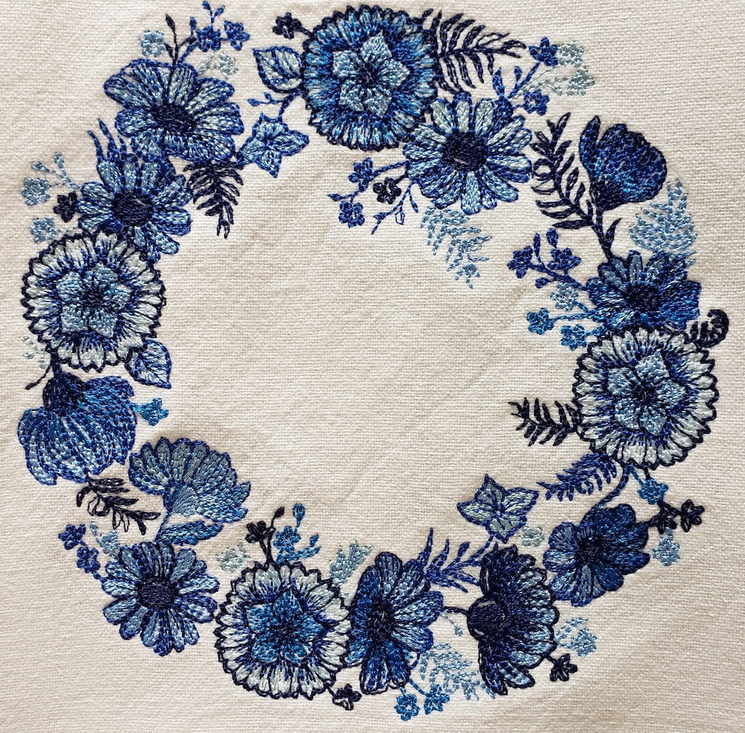 Delft Blue Embroidered Floral Wreath, Delft Blue Embroidery, Delft Blue ...