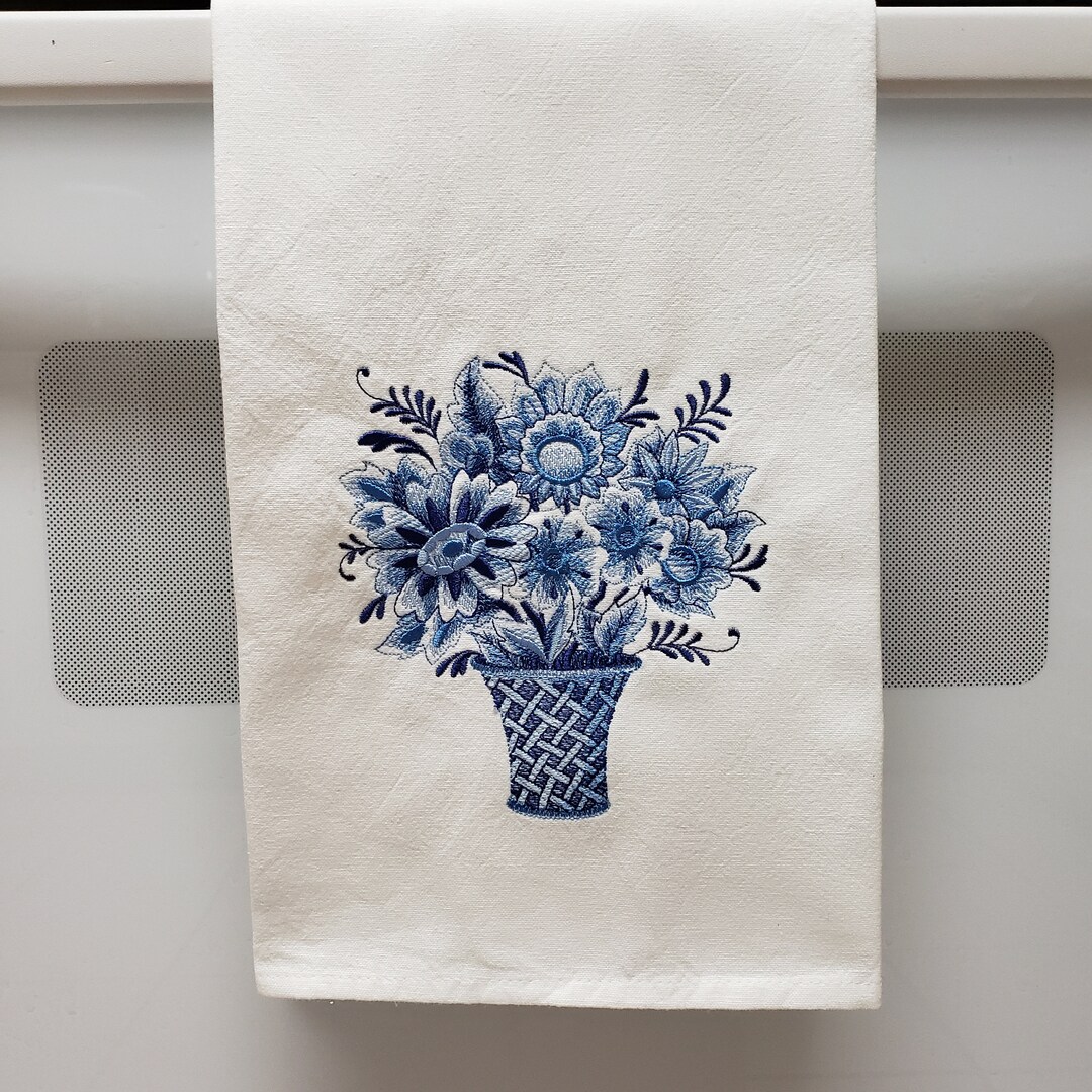 Delft Blue Embroidered Flower Basket, Delft Blue Embroidery, Delft Blue ...