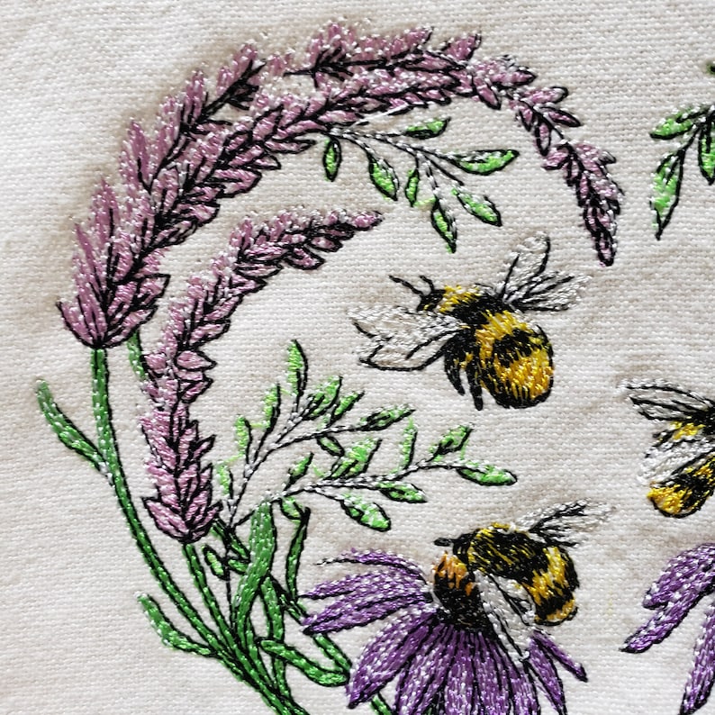 Embroidered Floral Heart Wreath With Bumble Bees/embroidered - Etsy