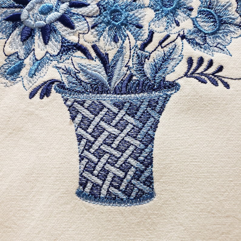 Delft Blue Embroidered Flower Basket Delft Blue Embroidery - Etsy