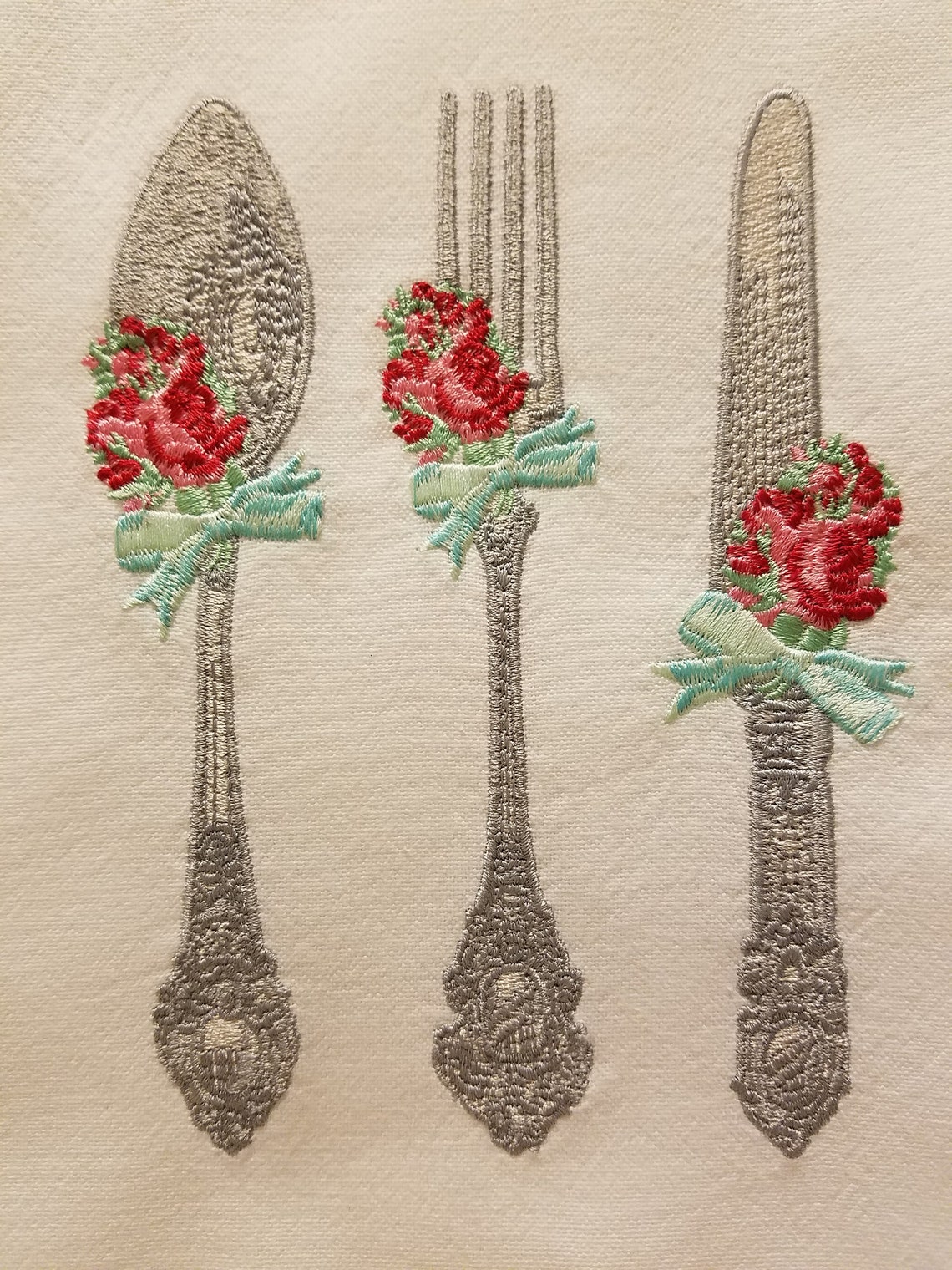 Embroidered Spoon Fork Knife With Ribbon/embroidered Vintage | Etsy
