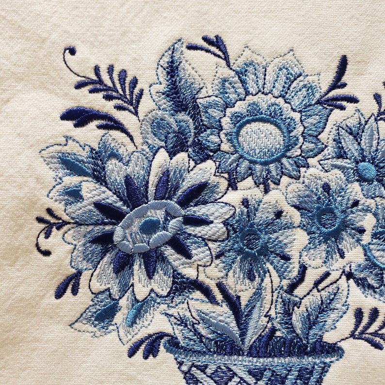 Delft Blue Embroidered Flower Basket Delft Blue Embroidery - Etsy