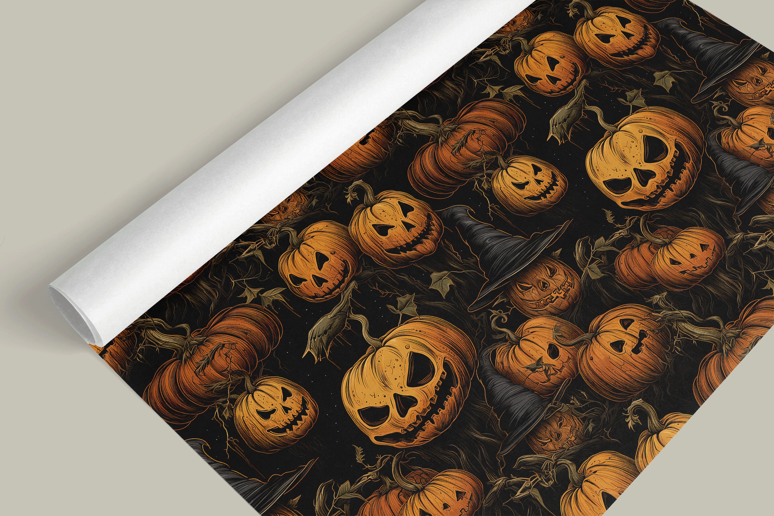 Halloween Delight: Scary Pumpkins and Witchy Ephemera Wrapping Paper ...