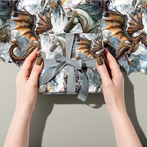 Gothic Dragons, Knights and Horses Wrapping Paper, Mythology Fantasy ...