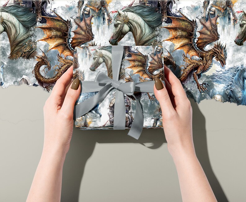 Gothic Dragons, Knights and Horses Wrapping Paper, Mythology Fantasy ...