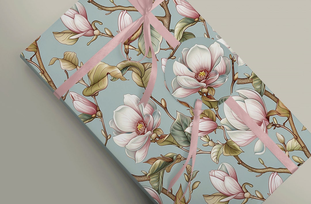 Beautiful Magnolia Flowers Gift Wrap on Duck Egg Blue Background ...