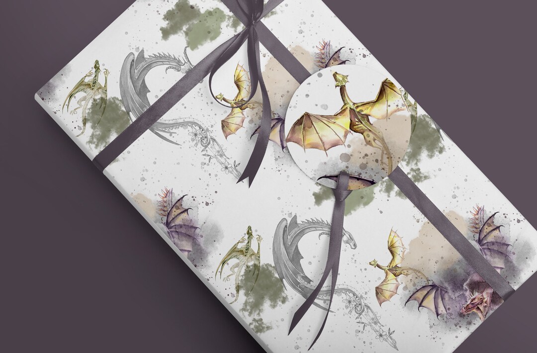 Gothic Dragons Wrapping Paper, Mythology Gold Dragon Head, Fantasy ...