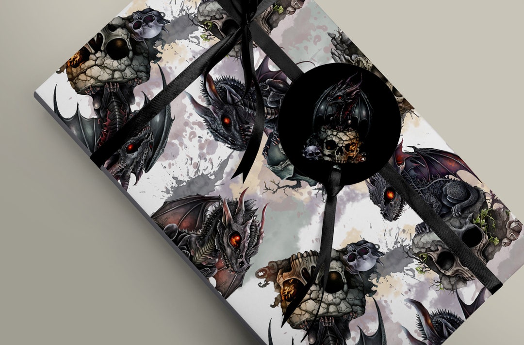Black Gothic Dragons on Skulls Wrapping Paper Mythology - Etsy
