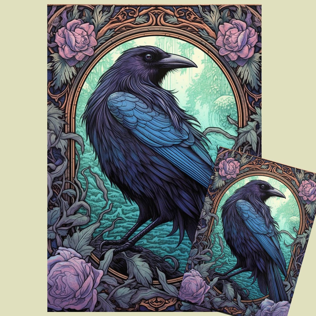 Purple Rose and Raven Decoupage Artwork for Home Decor Fantasy Design ...
