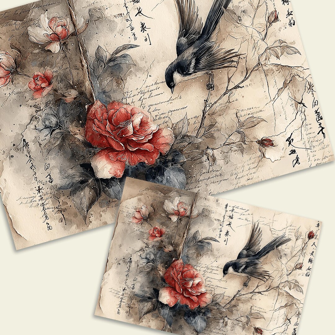 Oriental Bird Calligraphy Flowers Glyphs Unique Decoupage Tissue Paper ...