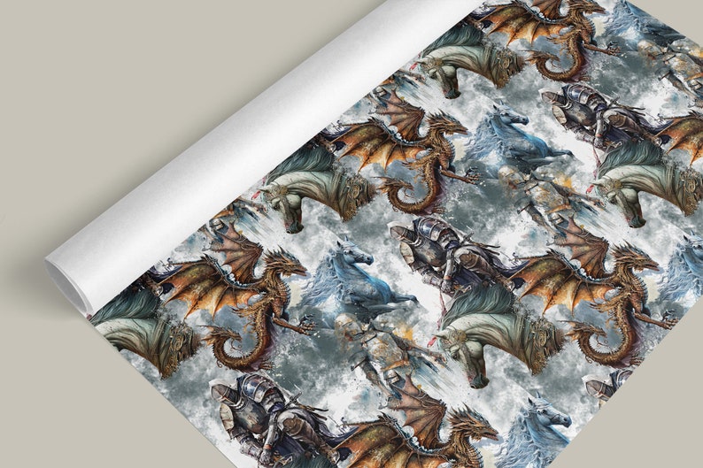 Gothic Dragons, Knights and Horses Wrapping Paper, Mythology Fantasy ...
