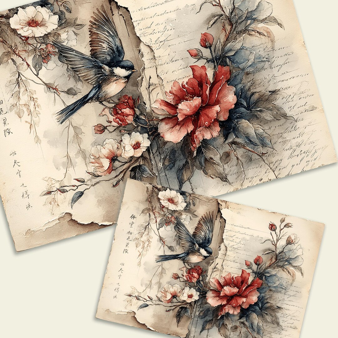 Unique Decoupage Tissue Paper Featuring Oriental Bird Calligraphy ...