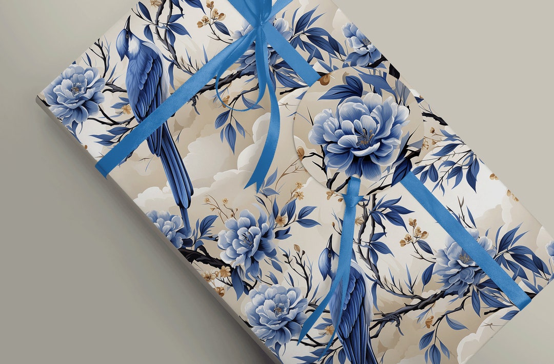 Elegant Far East Inspired Blue Flower and Birds Chinoiserie Wrapping ...