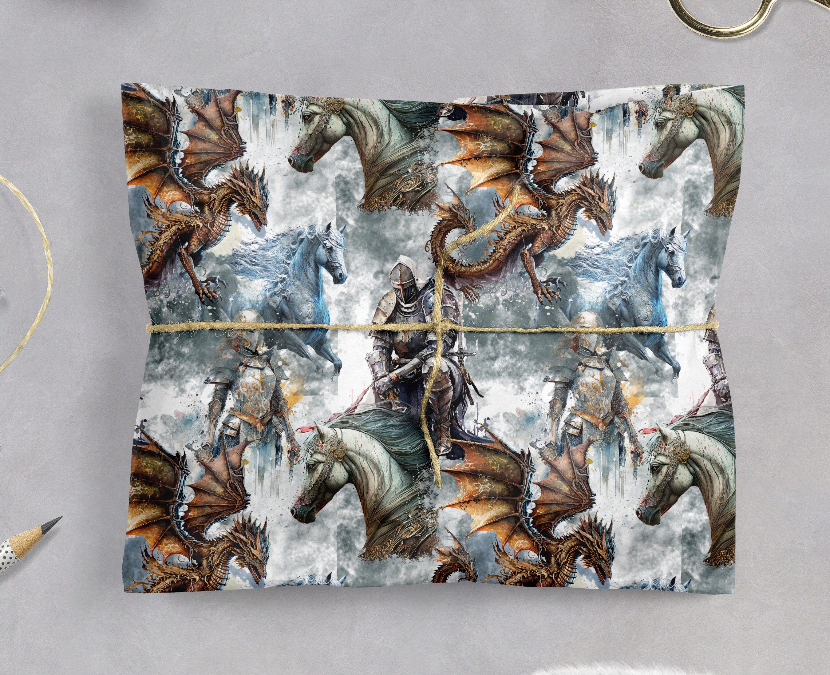 Gothic Dragons, Knights and Horses Wrapping Paper, Mythology Fantasy ...
