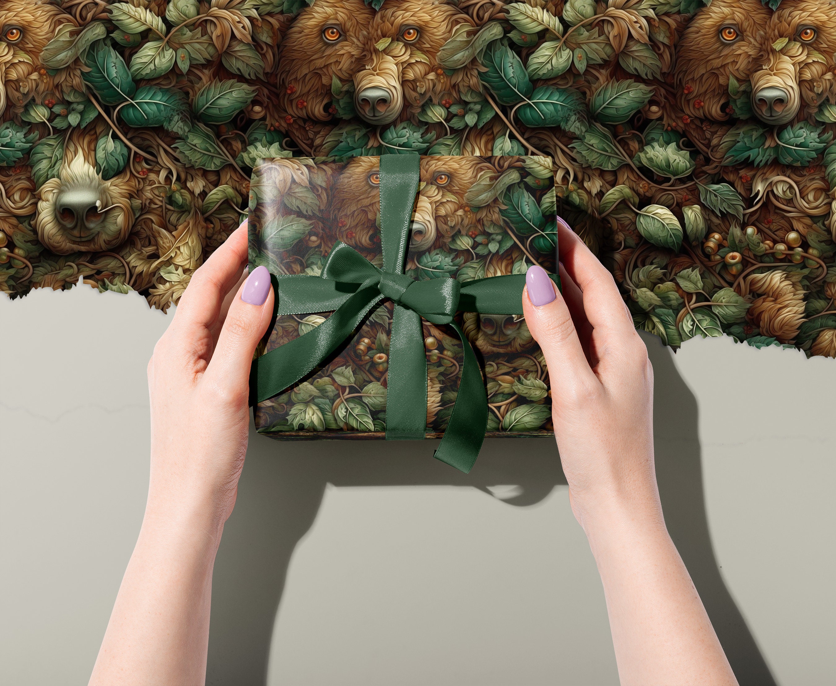 Brown Bear Hidden in Foliage Wrapping Paper Mythology - Etsy
