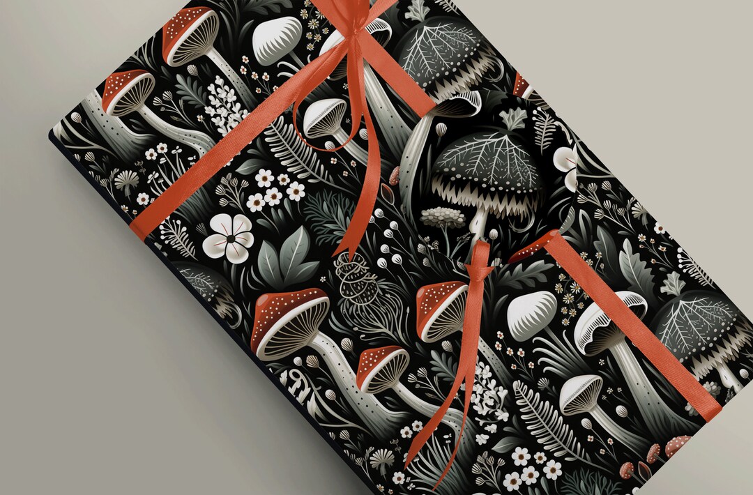 Monochrome Mushroom or Toadstool With Flowers Luxury Wrapping Paper ...
