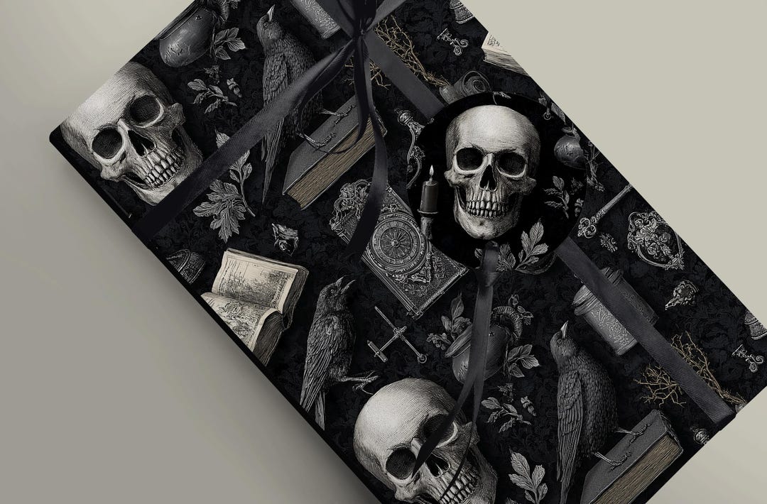 Mystic Gothic Wrapping Paper – Skulls, Keys, Ancient Books, Ravens and ...